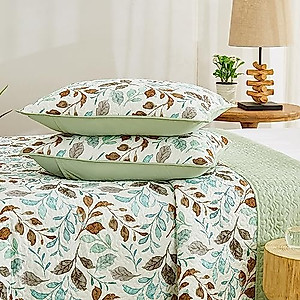 WRENSONGE Quilts Queen Size, 3 Pieces Green Leaf Summer Reversible Quilt Bedding Sets, Soft Lightweight Microfiber Floral Pattern Printed Bedspread Coverlet for Bed, Couch, Blanket All Season 90"*94"