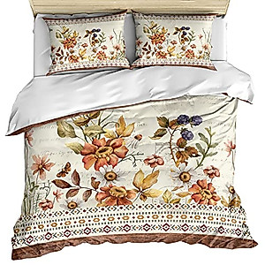 Durable Duvet Cover Set 3 Piece Bedding Sets Twin Size, Rustic Flowers Comforter Set Soft Microfiber Fill Bedding with 1 Comforter Cover, 2 Pillowcases Farmhouse Floral Fall Plants Rural Southwest