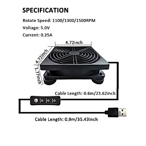 Upgraded 120mm 5V USB Powered PC Router Fan with Speed Controller High Airflow Cooling Fan for Router Modem DVR Playstation TV Box and Other Electronics