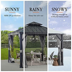 Sunjoy 10 ft. x 10 ft. Hardtop Gazebo, Outdoor Aluminum Frame, 2-Tier Steel Hardtop Backyard Gazebo with Netting, Curtain and Ceiling Hook by SummerCove