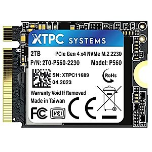 XTPC Systems 2TB P560 M.2 2230 NVMe PCIe SSD Gen 4.0x4 Single-Sided Drive, 5100MB/s Read, 3200 MB/s Write (Upgrade for Steam Deck, Surface Pro 7, Surface Laptop 4)