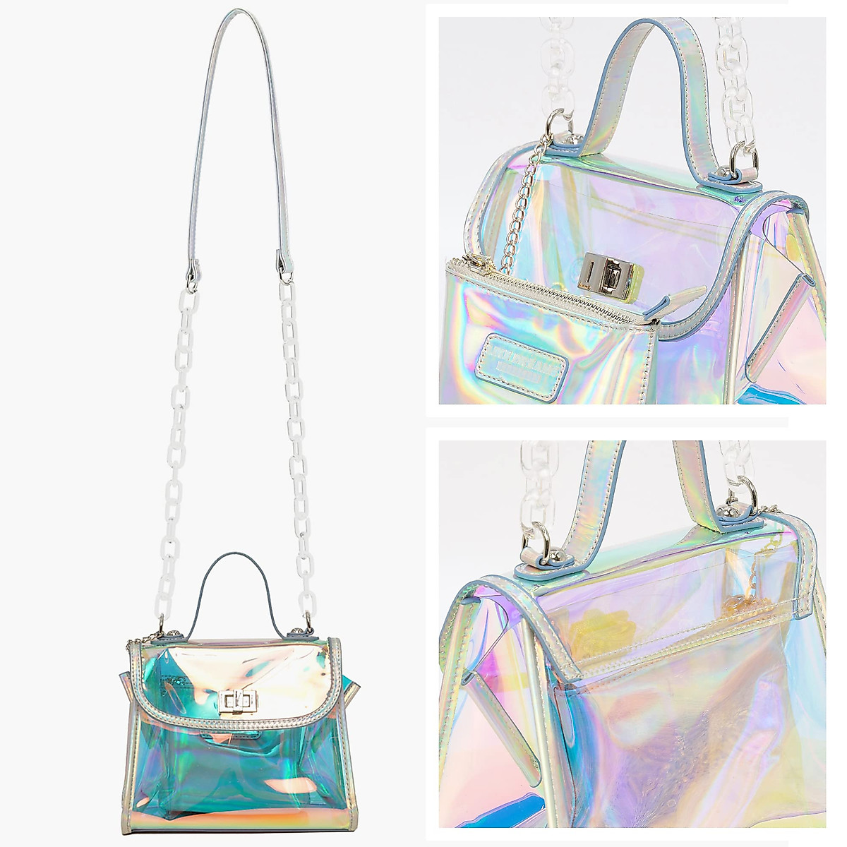 Like Dreams Women's Small Holographic Inner Pouch Top Handle Fashion Turnlock Crossbody Handbag (Hologram)