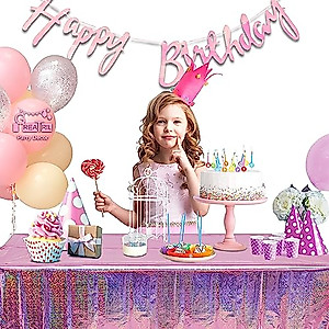 GREATRIL Pastel Pink Foil Fringe Curtains 2 Packs and Pink Party Table Cloths 2 Packs for Party Backdrop Decorations