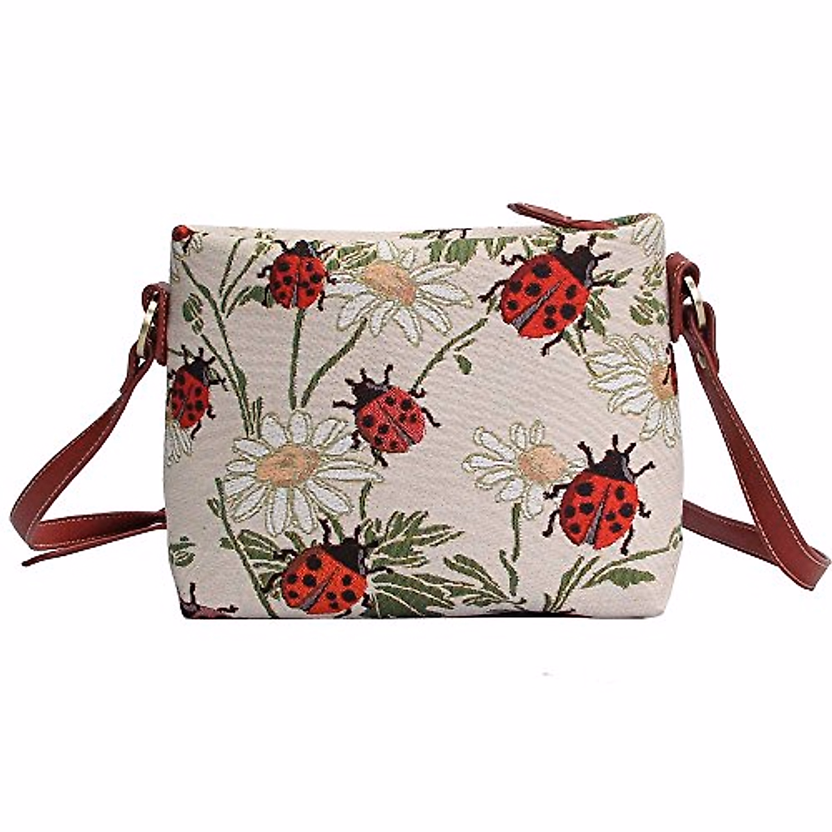 Signare Tapestry Crossbody Purse Small Shoulder Bag for Women with Red Ladybug and Daisy Design (XB02-LDBD)