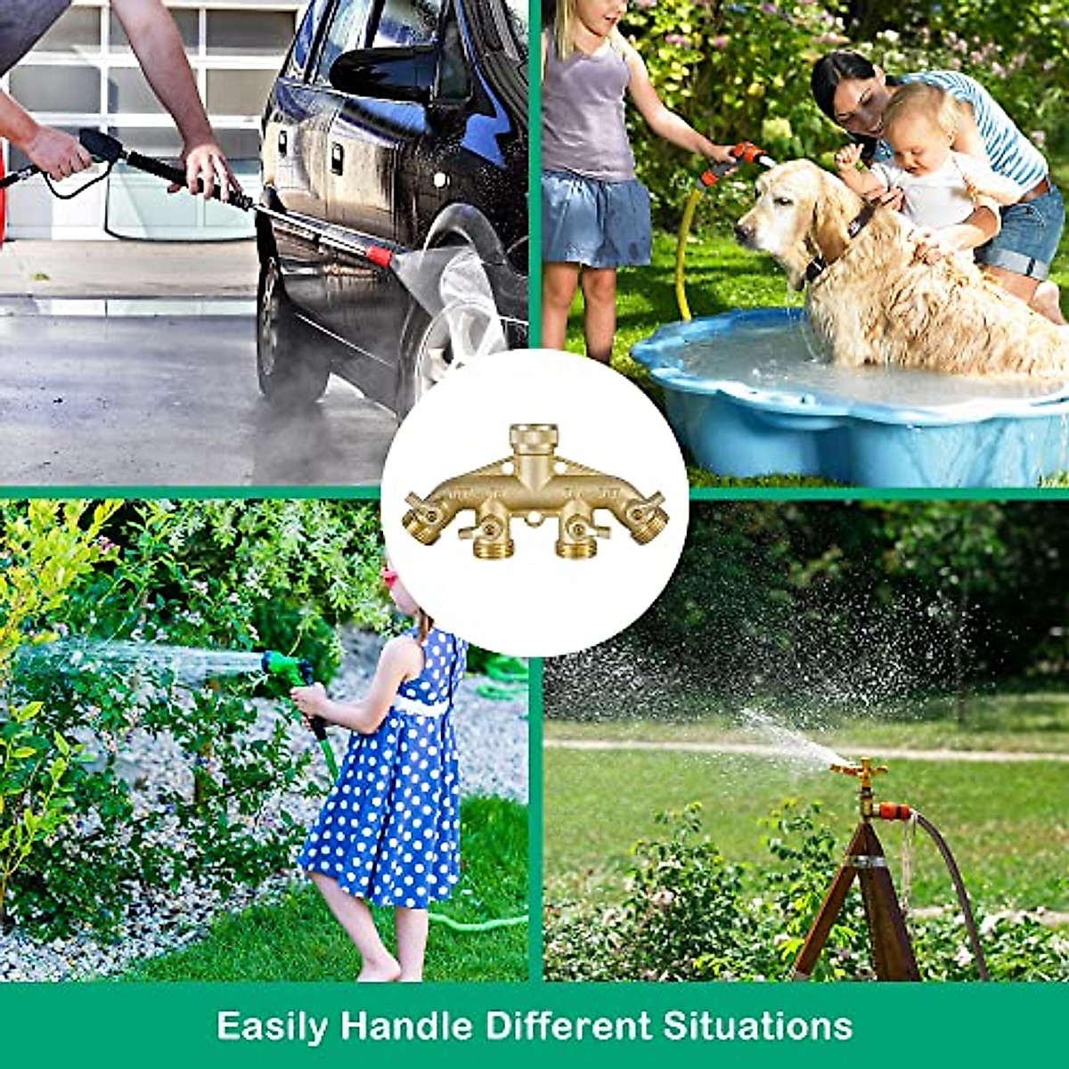 Hourleey Brass Garden Hose Splitter (4 Way), Solid Brass Hose Connector 3/4", Hose Spigot Adapter 4 Valves with 4 Extra Rubber Washers