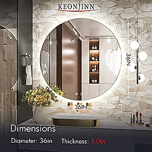 Keonjinn 36 Inch Backlit Mirror Bathroom LED Round Mirror 3000K/4500K/6000K Large Lighted Vanity Mirror Circle Mirror with Lights Dimmable Wall Mounted LED Bathroom Mirror Anti-Fog Makeup Mirror