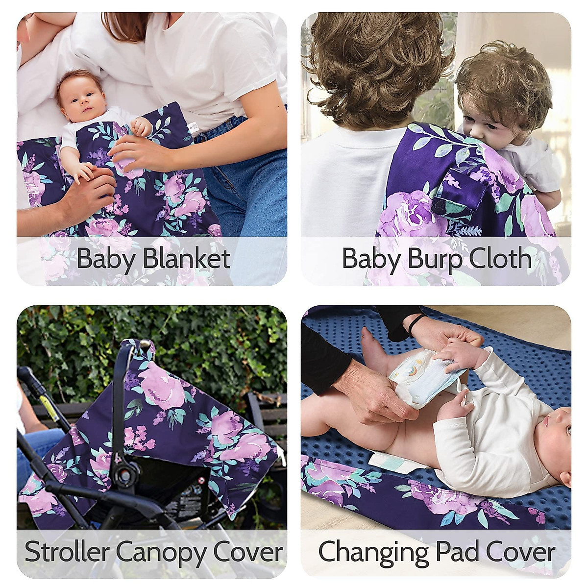 Peekaboo Opening Car Seat Cover & Minky Toddler Blanket for Boys Girls, Purple Flower Car seat Canopy Baby Blankets, Soft Fabric