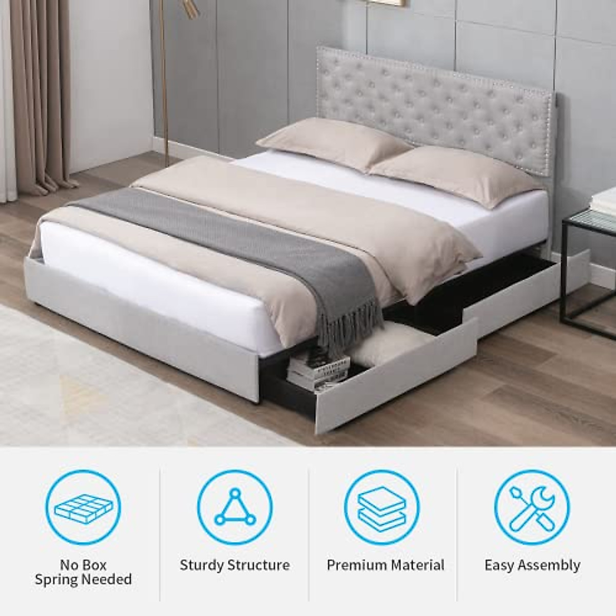 Mjkoen Bed Frame with Storage, Tufted Bed Frame with 4 Storage Drawers,King Size Upholstered Bed Frame with Adjustable Headboard for Bedroom Light Grey