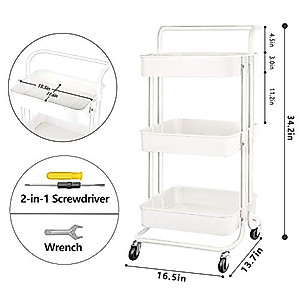 QiMH 3 Tier Rolling Storage Cart Heavy Duty Mobile Rolling Utility Cart with Handle Wheels Multifunction Large Storage Shelves Organizer