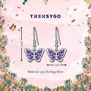 925 Sterling Silver Pretty Sparkly Cz Crystal Monarch Morpho Light Dark Purple Butterfly Wing Dangle Earrings for Women Amethyst February Birthstone Jewelry Mothers Day Graduation Birthday Christmas Gifts