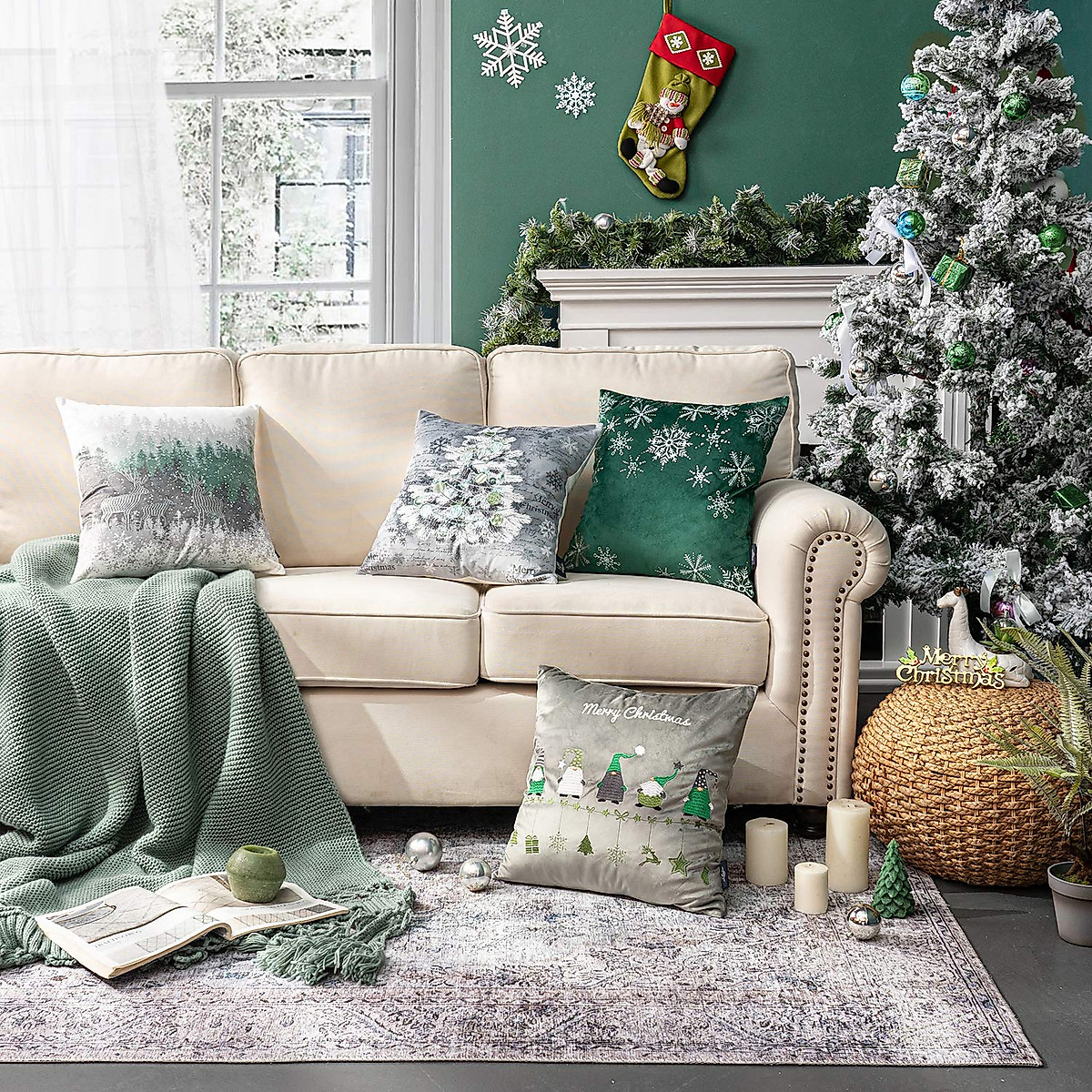 Phantoscope Pack of 4 Merry Christmas Decorative Velvet Embroidery Throw Pillow Cover with Snowflake, Trees, Elves, Elk Cushion Covers for Xmas Couch Sofa, Green and Grey, 18 x 18 inches, 45 x 45cm