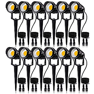 SUNVIE 12W Low Voltage LED Landscape Lights with Connectors, Outdoor 12V Super Warm White (900LM) Waterproof Garden Pathway Lights Wall Tree Flag Spotlights with Spike Stand (12 Pack with Connector)