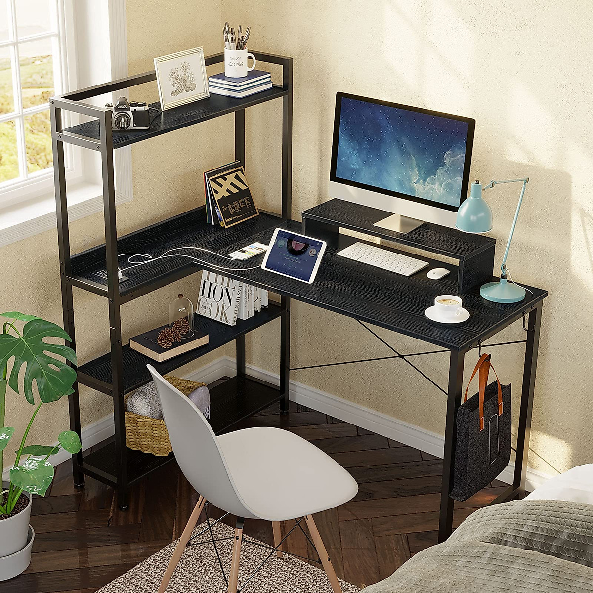 Rolanstar Computer Desk with Shelves, 47 Inch Home Office Desk with Power Outlet, Writing Table Workstation with Monitor Stand and Reversible 4-Tier Bookshelf, Study Corner Desk for Small Space, Black