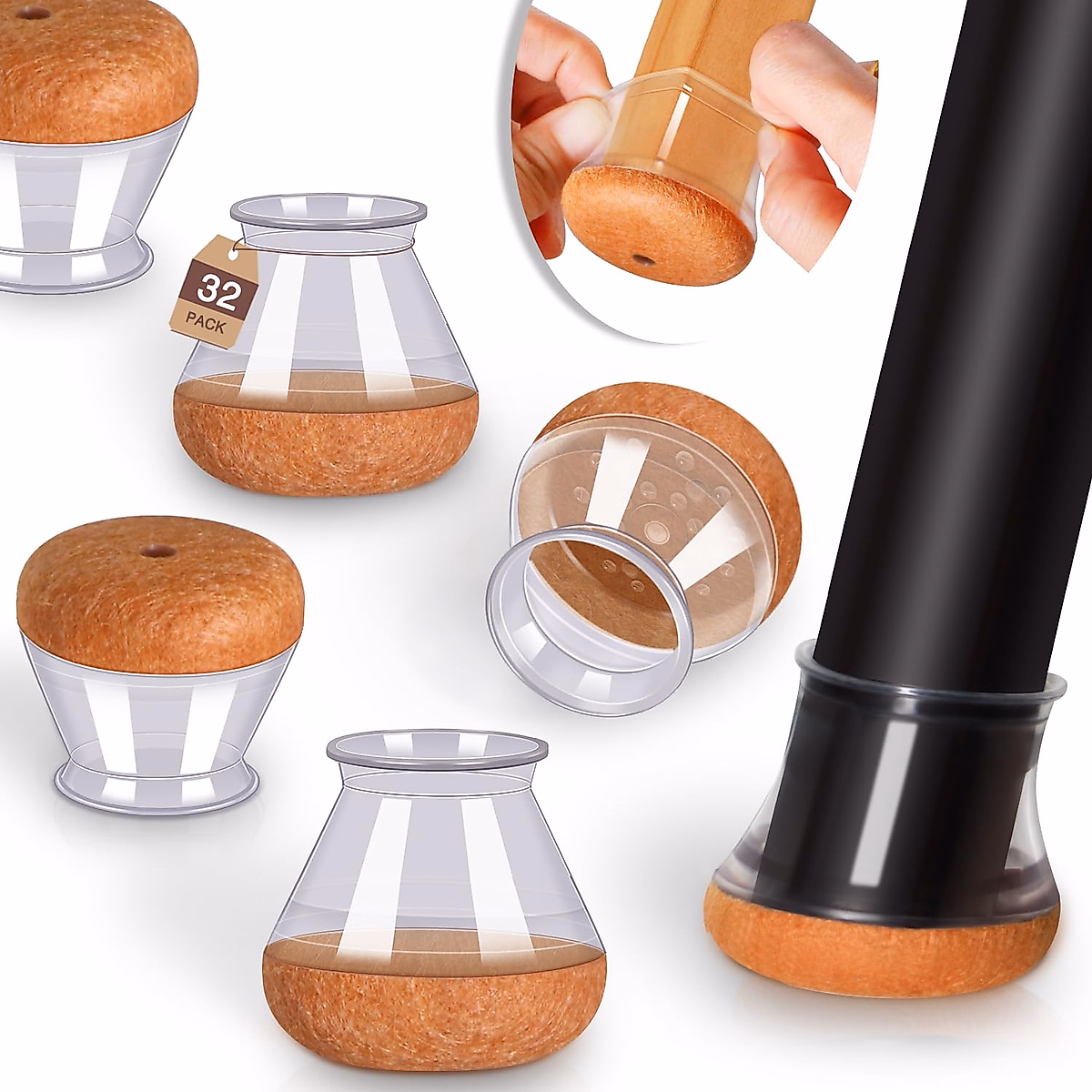 YOZON Chair Leg Floor Protectors for Hardwood Floors Felt Furniture Pads Silicone Caps 32 Pack Non Slip Reduce Noise Clear Round Medium Fit 3/4"~1-3/16" (19-30mm)