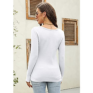 Women's V Neck Waffle Knit Henley Tops Casual Long Sleeve Pullover Sweater Blouses (White, Medium)