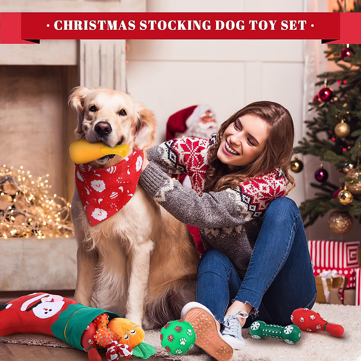 Talltalk 18 Pcs Dog Christmas Stocking with Toys Puppy Chew Toys Set for Small Medium Dogs Squeaky Xmas Puppy Chew Toys Colored Interactive Toys Dogs Training Dental Health Cotton Rope Toys Xmas Gifts