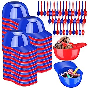 36 Count Summer Baseball Helmet Snack Ice Cream Bowl 8 oz Mini Baseball Cap Bowls Plastic Dessert Sundae Candy Bowls with 36 Spoons for Kids Birthday Sports Party Supplies (Red, Dark Blue)