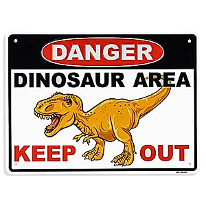 Tags America Dinosaur Sign - 9"X12" Dinosaur Room Decor for Boys, Embossed, Rust-Free, Recycled Aluminum Danger Dinosaur Keep Out Sign, Dino-Themed Boys Room Decor, Dinosaur Lovers Gift