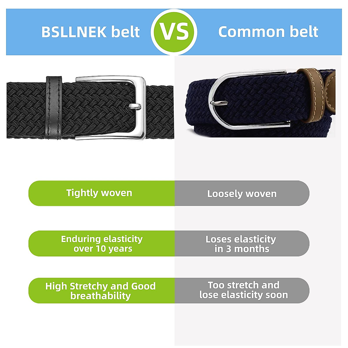 BSLLNEK Elastic Braided Belt, 1 3/8", Woven Stretch Belt for Golf Casual Jeans Shorts Pants (Black, Medium (33-36" Waist))