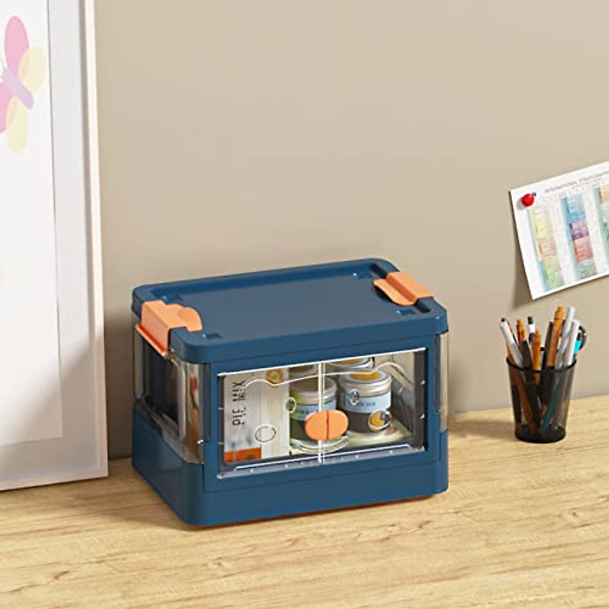 Plastic Storage Bins For Closet Organizers And Storage, Visible Folding Stackable Collapsible Storage Bins With Open Front Door & Side Handles Storage Bins (Blue)