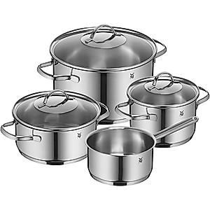 WMF Pot Set 4-Piece Provence Plus Pouring Rim Glass Lid Cromargan® Stainless Steel Polished Suitable for Induction Hobs Dishwasher-Safe, Silver, 52.7 x 28.8 x 21.8 cm