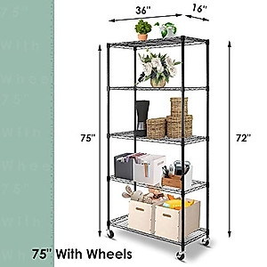 WDT 5-Shelf Shelving Units on Wheels Casters, Adjustable Heavy Duty Metal Shelf Wire Storage Rack for Home Office Garage Kitchen Bathroom Organization(16”Wx36”Dx75”H), Black