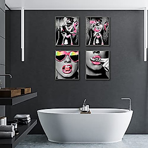 Luodroduo Fashion Wall Art Bathroom Decor Prints Set of 6 Pink Glam Glitter Tissue Canvas Posters Pictures Photos Funny Modern Women Bathroom Toilet Artwork Wall Black and White (8"x10" UNFRAMED)