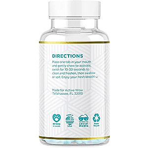 Active Wow Natural Mouthwash Tablets - Chewable Mouth Wash, Breath Freshening Tablets, Fluoride-Free, Alcohol-Free, Vegan, Sugar-Free, Mint Flavor - 1 Pack, 60 Tablets