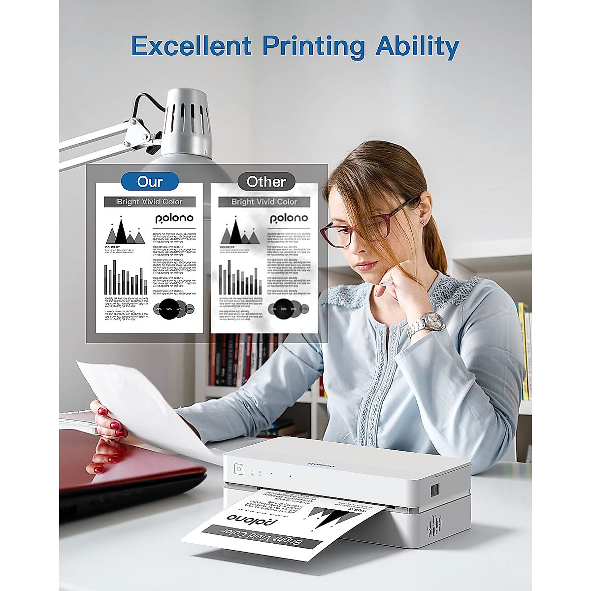 Thermal Printer, 2.4 GHz WiFi Inkless Printer Supports 8.5" x 11" US Letter Size Thermal Paper, Auto Cutting, Wireless Printer Support Android, iOS & Laptop, Compact Printer for Home Use, Office