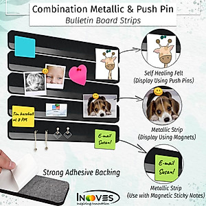 Inooves Combo Magnetic and Felt Cork Board Strips - with Pushpins, Magnets & Reusable Dry-Erase Sticky Notes, Strong Adhesive Backing Bulletin Boards, 1/2 inch Thick No Damage for Wall - 5 Pcs Black