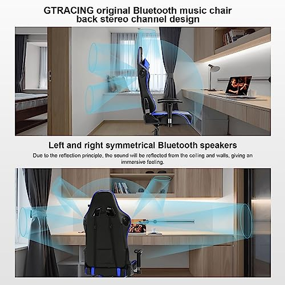 GTRACING Gaming Chair with Speakers Bluetooth Music Video Game Chair Audio Ergonomic Design Heavy Duty Office Computer Desk Chair（Blue）
