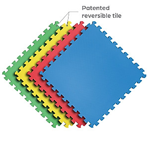 NÖRSK Kid's Floor Play Mat, Reversible Interlocking Foam Puzzle Tiles and Borders, 4-Pack, 16 Square Feet, Multi-Color
