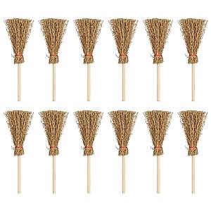 SEWACC Mini Straw Brooms with Red Ropes 12pcs Straw Broom Wizard Decor Artificial Miniature Halloween Straw Broom Craft Decoration for Home Decor Halloween Party