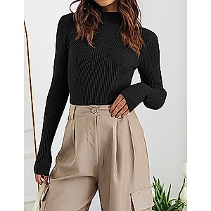 ZESICA Women's 2023 Fall Long Sleeve Turtleneck T Shirts Ribbed Knit Sweater Slim Fit Basic Casual Tee Tops,Black,Large