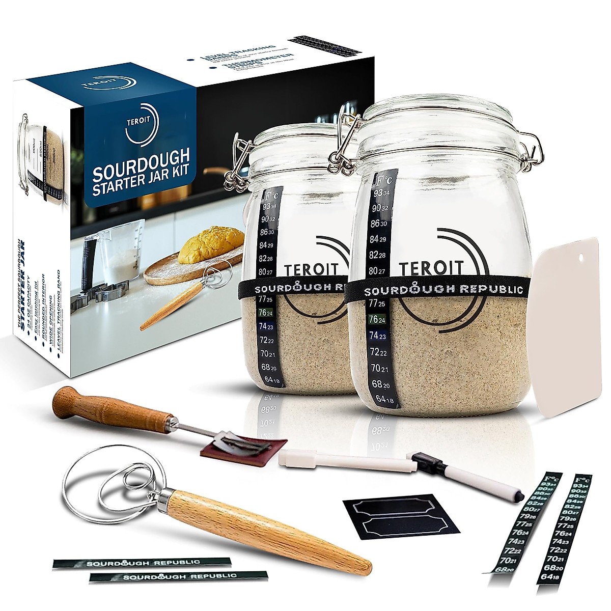 TEROIT Sourdough Starter Kit, Sourdough Bread Baking Supplies - 2PCS Sourdough Starter Jar, Bread Lame, Bread Whisk, Dough Scraper, Air Tight Lid - Delightful Gift for Home Cooks