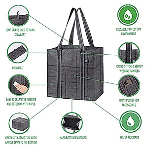 VENO 4 Pack Reusable Grocery Shopping Bag w/Hard Bottom, Foldable, Multi-Purpose Heavy-Duty Tote, Daily Utility Bag, Stands Upright, Sustainable (Set of 4 - Windowpane)