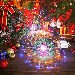 DenicMic Firework Lights Starburst Lights 200 LED Copper Wire Battery Operated Hanging Sphere Lights with Remote, 8 Modes Stars Fairy Ceiling Decorations for Patio Party Wedding Christmas (2 Pack)