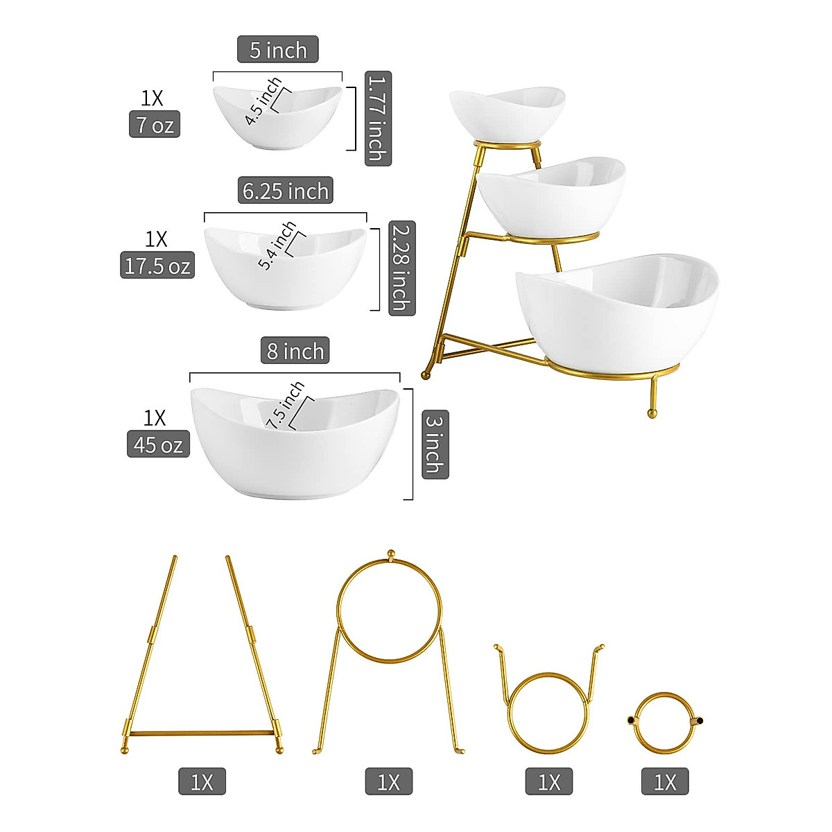 LAUCHUH 3 Tier Serving Stand, Pocerlain Oval Bowl Set with Stand Ceramic Fruit Bowl with Rack for Dessert, Appetizer, Candy Chip Dip, Vegetable, Gold