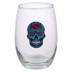 SET OF 3 Day of the Dead Stemless Skull Flower Wine Glasses, 15 oz glass Halloween Gasparilla