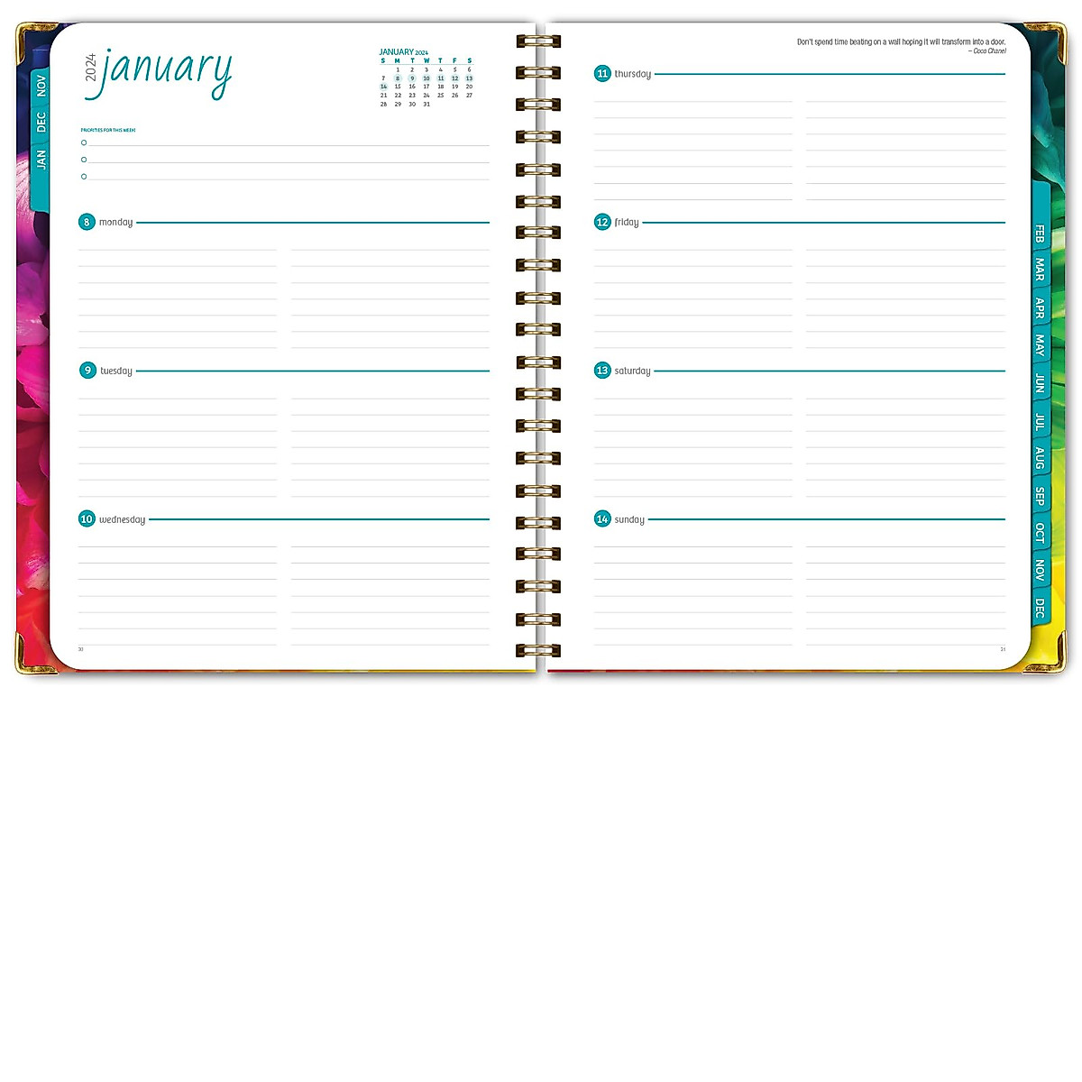 Global Printed Products, HARDCOVER 2024 Planner: (November 2023 Through December 2024) 8.5"x11" Daily Weekly Monthly Planner Yearly Agenda. Bookmark, Pocket Folder & Sticky Note Set (Rainbow Petals)