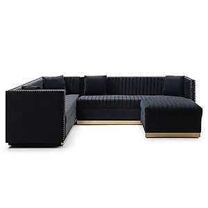 FANYE 3 Pieces Contemporary Sofa&Couch Vertical Channel Velvet Tufted Include 3 Seaters Couch*2 and Ottoman, Two 3seaters Sofas+Ottoman with Gold Metal Strip Decor for Living Room Sets