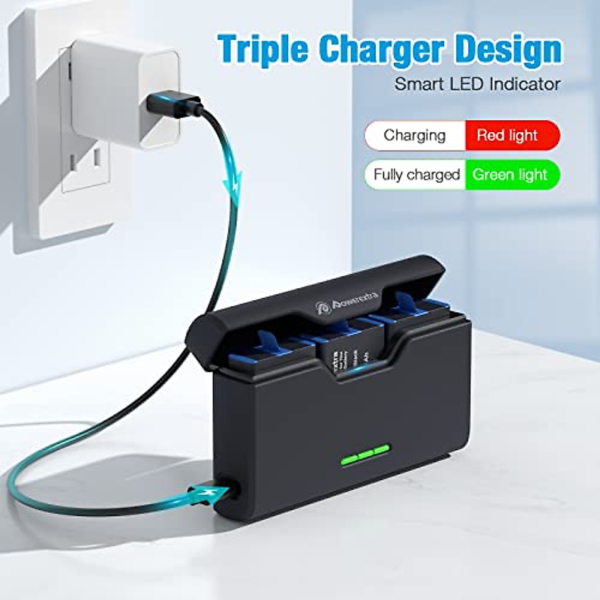 Powerextra Hero 12/11/10/9 Battery 3-Pack(2250mAh) and 3-Channel USB Storage Quick Charger for Gopro Hero 12 Gopro Hero 11 Hero 10 Hero 9 Black Compatible with Gopro Hero 9/10/11 Battery and Charger