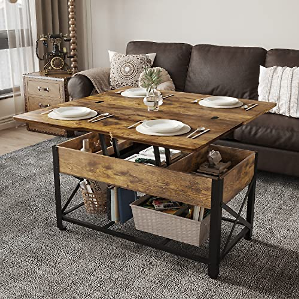 Lwdhw Olin 40" Lift Top Coffee Table, 3 in 1 Multi-Function Coffee Table with Hidden Compartment and Storage,Coffee Table for Dining Reception Room, Rustic Brown