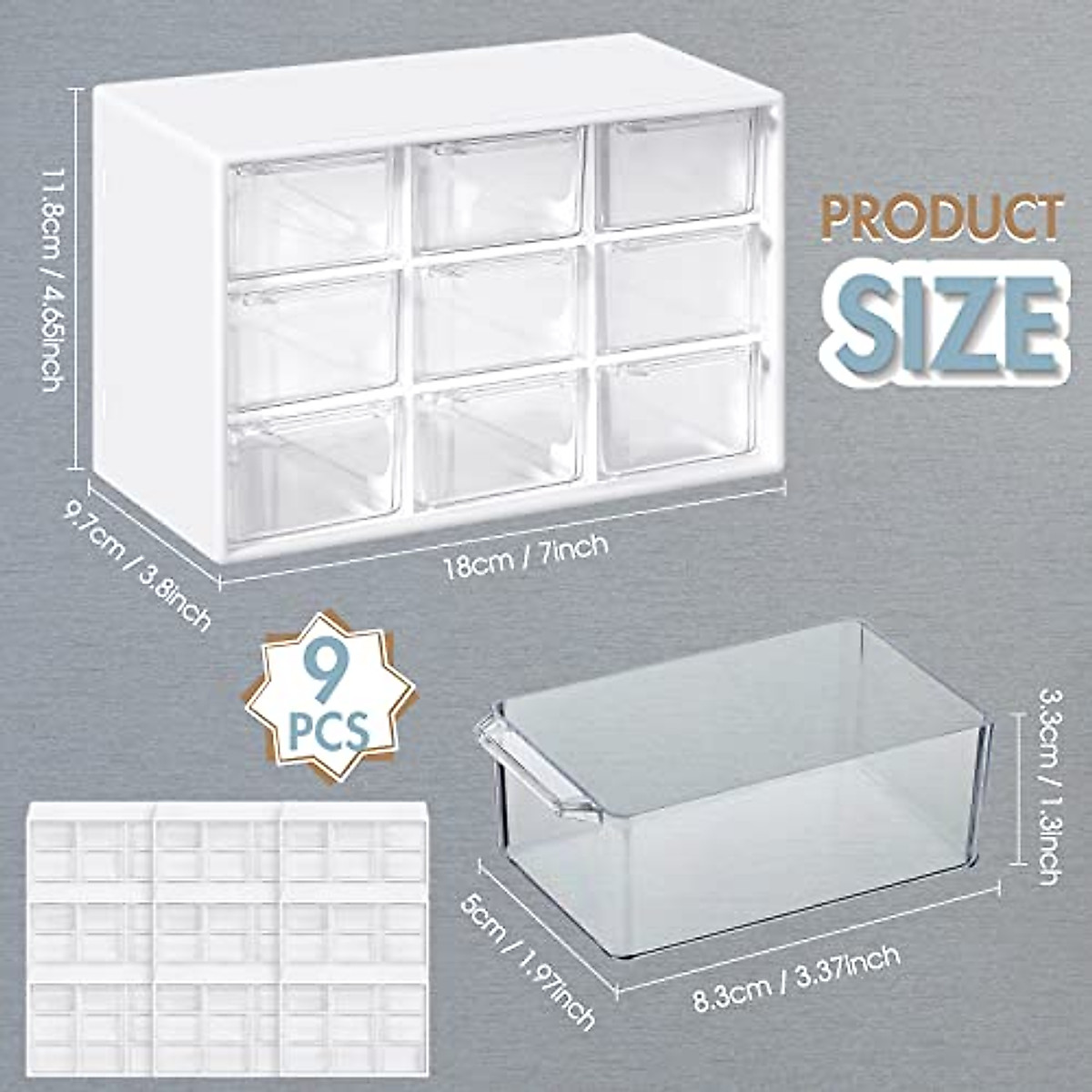 Rtteri 9 Pieces Mini Drawer Organizer Plastic Desktop Storage Box Desk Craft Organizer with 9 Clear Drawers for Office Home Jewelry Small Parts Belongings Cosmetics Collection, Wall Mounted (White)