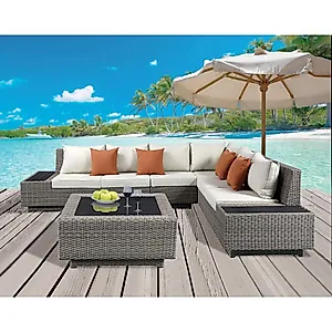 UBGO Outdoor Furniture Set, Sectional, PE Brown Rattan Wicker Sofas,Outside Couch w/Washable Seat Cushions & Modern Glass Wedge Table for Patio, Backyard, Gray
