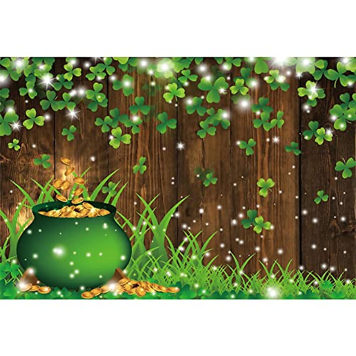Laeacco 10x6.5FT St. Patrick's Day Backdrop Green Clover Lucky Shamrock Pot of Gold Coin Glitter Brown Wooden Board Photography Background Irish Festival Party Decor Kid Adult Portrait Photo Prop