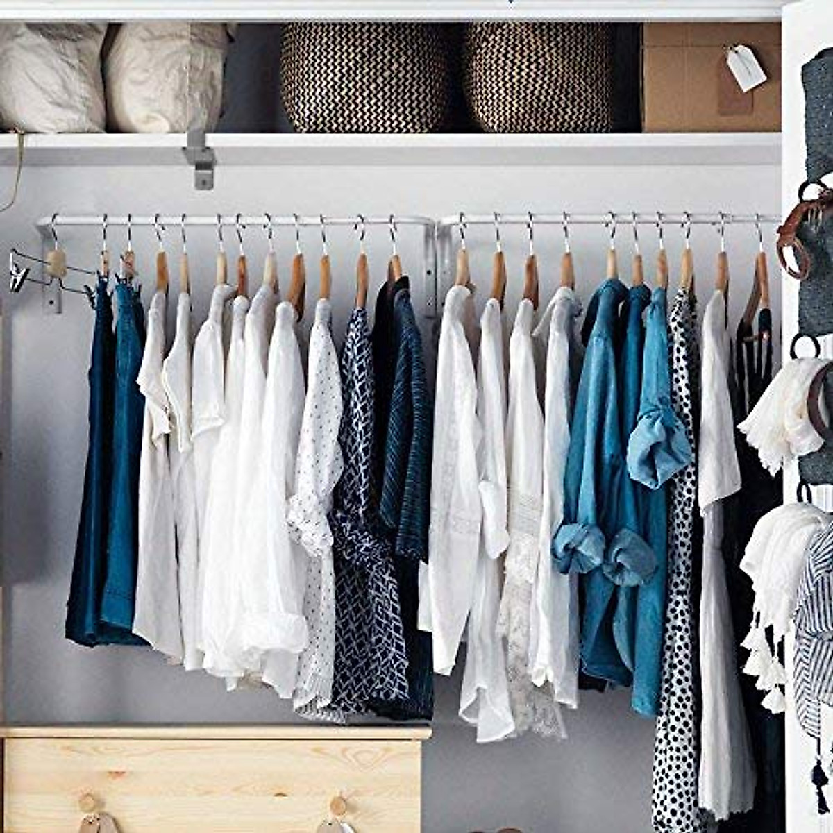 Wall Mounted Adjustable Durable Steel Clothes Rack Set of 2 Drying and Hanging Closet Bar Rail Organizer (White)
