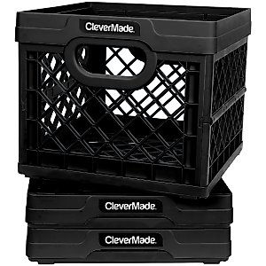 CleverMade - Collapsible Milk Crates, 25L Plastic Stackable Storage Bins CleverCrates Utility Folding Baskets, Pack of 3, Black
