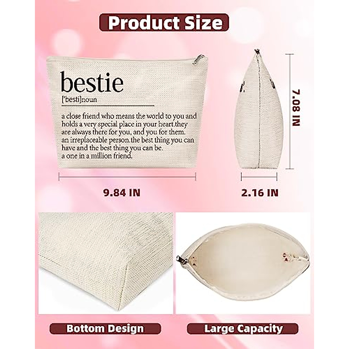 LISEVO Bestie Gifts for Women, Besties Makeup Bag Gift, Cute BestFriend Make Up Bag Presents, Handmade Friendship Cosmetic Bags for Graduation Birthday Valentine Women's Day Easter Christmas