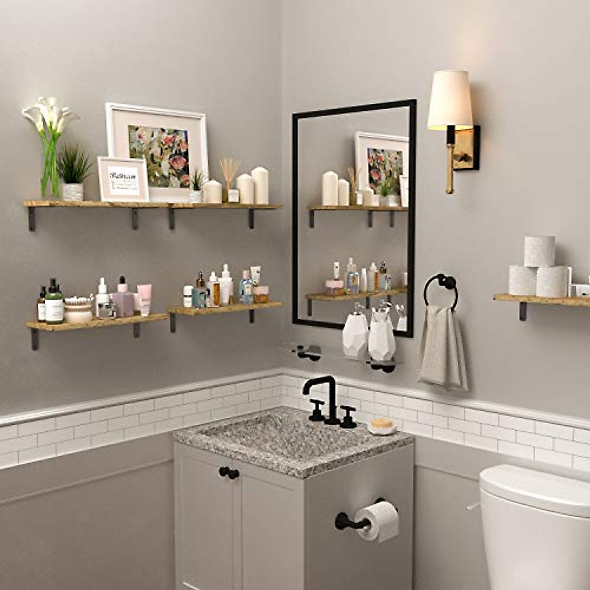 Wallniture Palma Floating Shelves for Wall, Rustic Wood Wall Shelves for Bedroom Storage, Natural Burned Small Bookshelf Set of 5